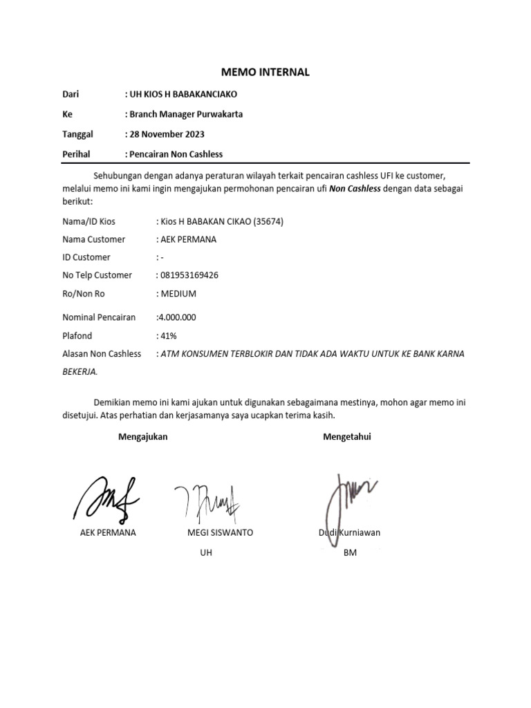 Memo Intern Non Cashless Aek-1 | PDF | Pengelolaan Keuangan & Uang | Bisnis