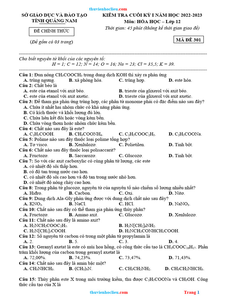 De Thi HK1 Hoa 12 Quang Nam 22 23 | PDF