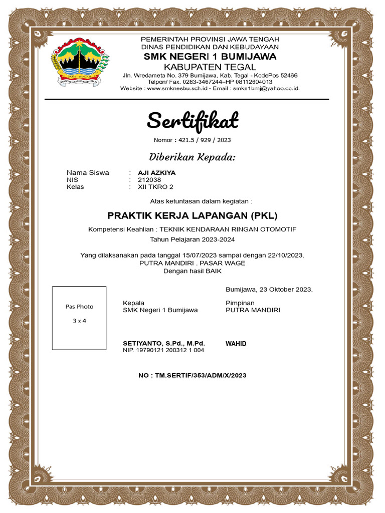 Sertifikat PKL 23 AJI AZKIYA XII TKRO 2 | PDF
