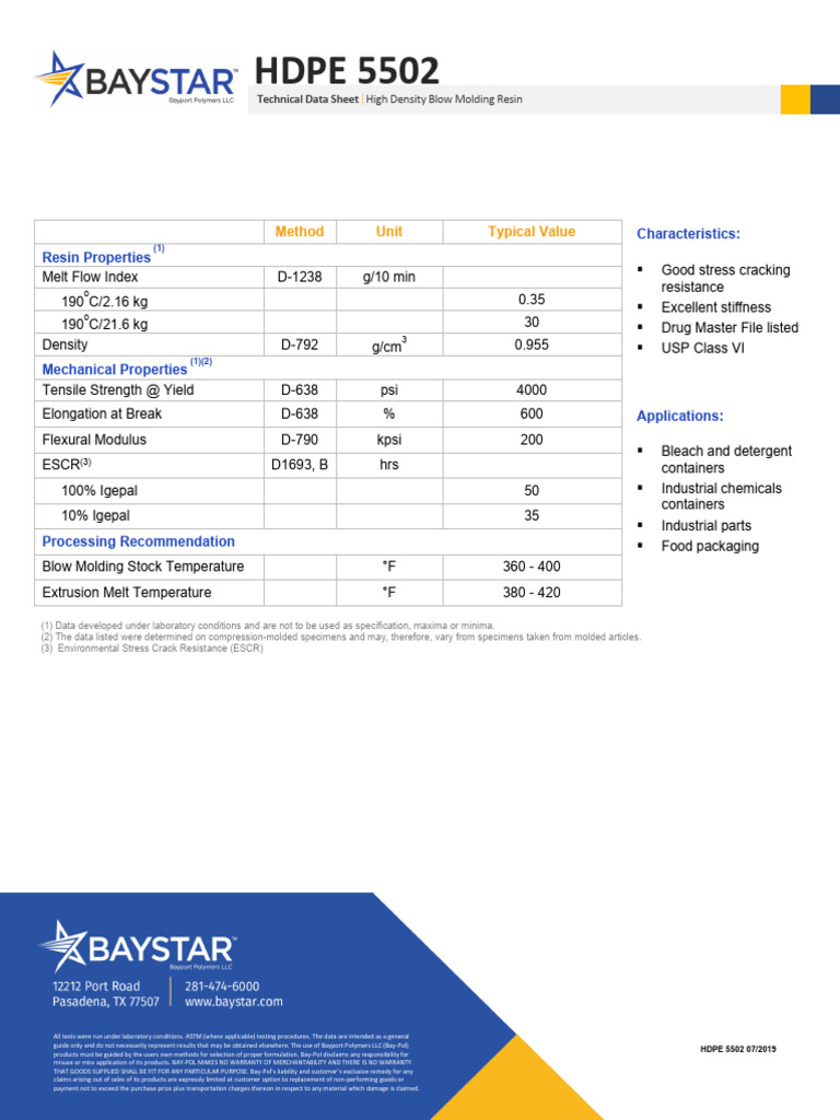 HDPE 5502 Technical Data Sheet | PDF | Materials | Physical Sciences