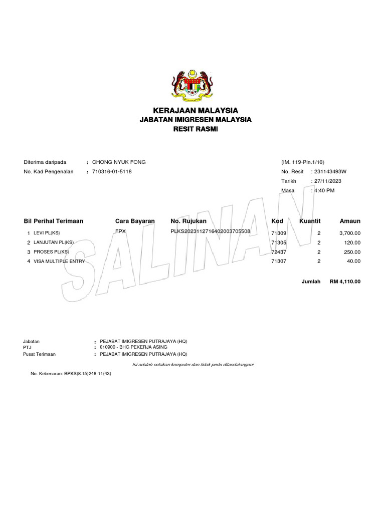 Kerajaan Malaysia: Resit Rasmi Jabatan Imigresen Malaysia | PDF