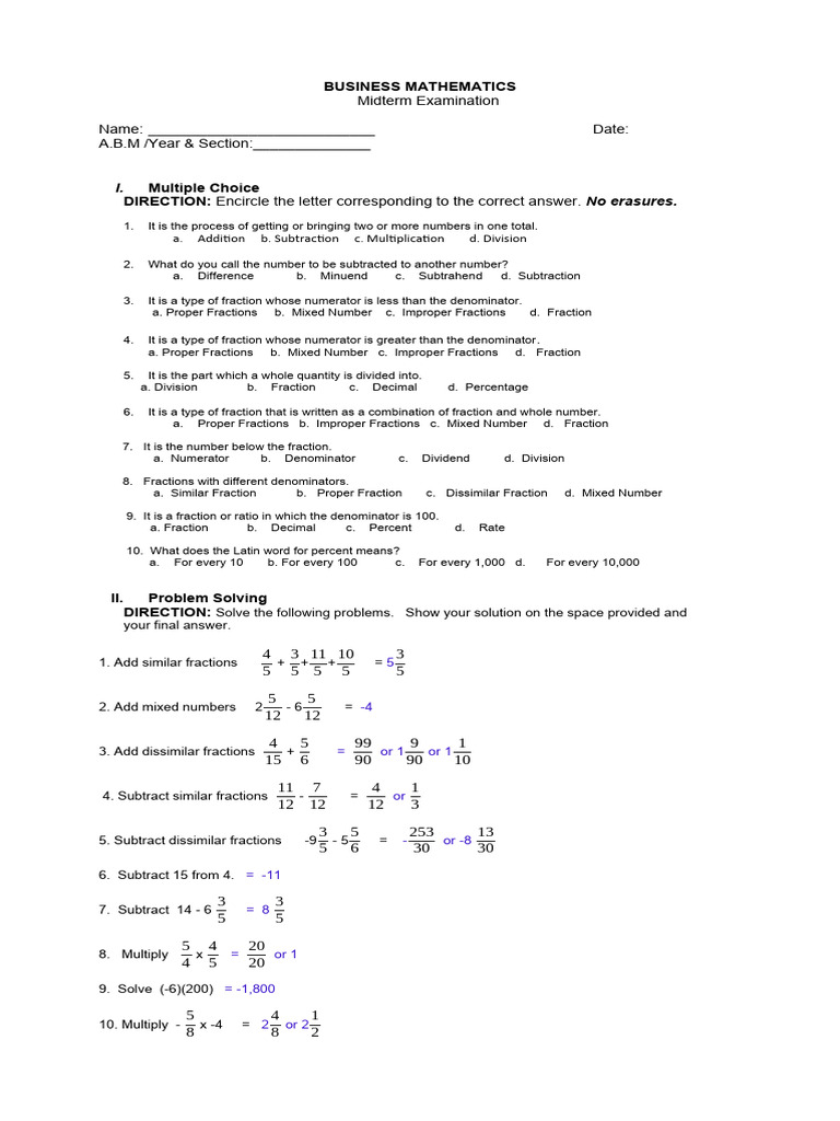 Grade 11 Business Math Midterm Exam | PDF | Percentage | Ratio