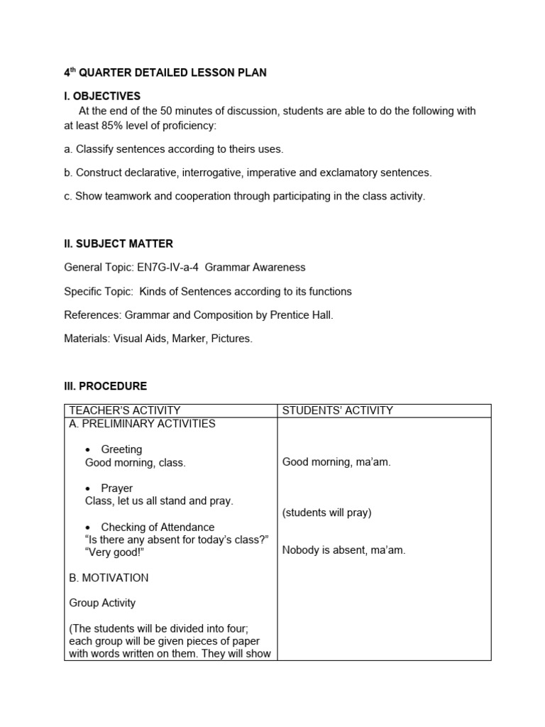 4TH Quarter Detailed Lesson - Plan | PDF | Question | Sentence ...