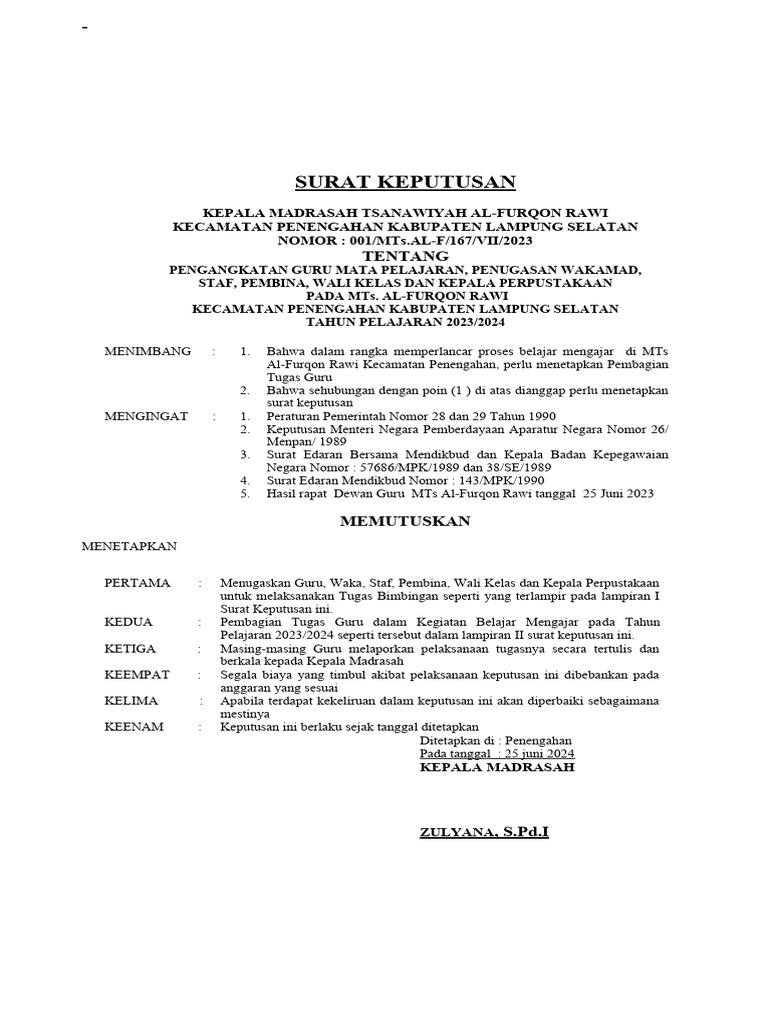 Surat Keputusan Awal Tahun 2024 | PDF
