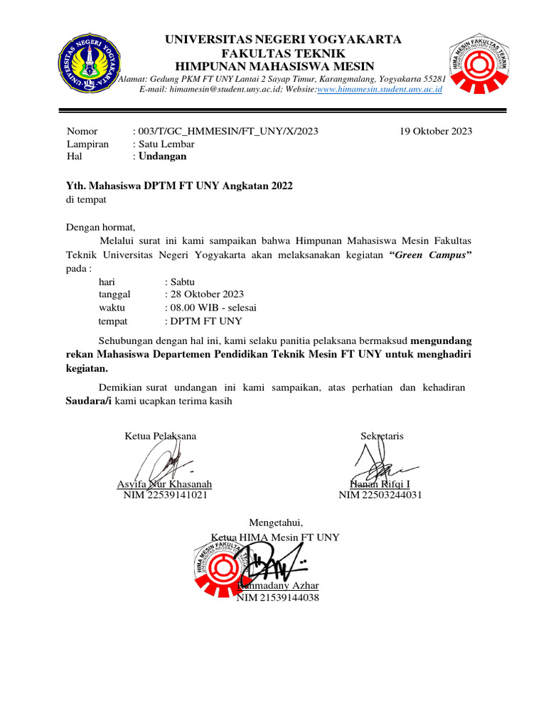 Undangan Green Campus HIMA Mesin UNY | PDF