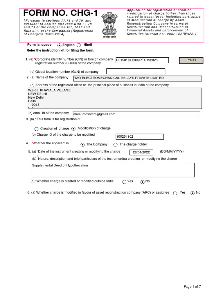 Form No. Chg-1: English Hindi Form Language | PDF | Property | Banks