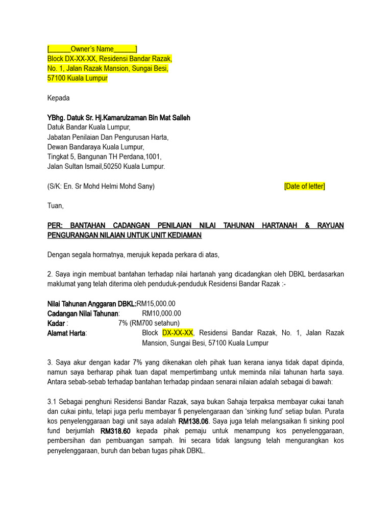 2 Without Notice - DBKL - Surat Bantahan Penilaian Harta | PDF ...