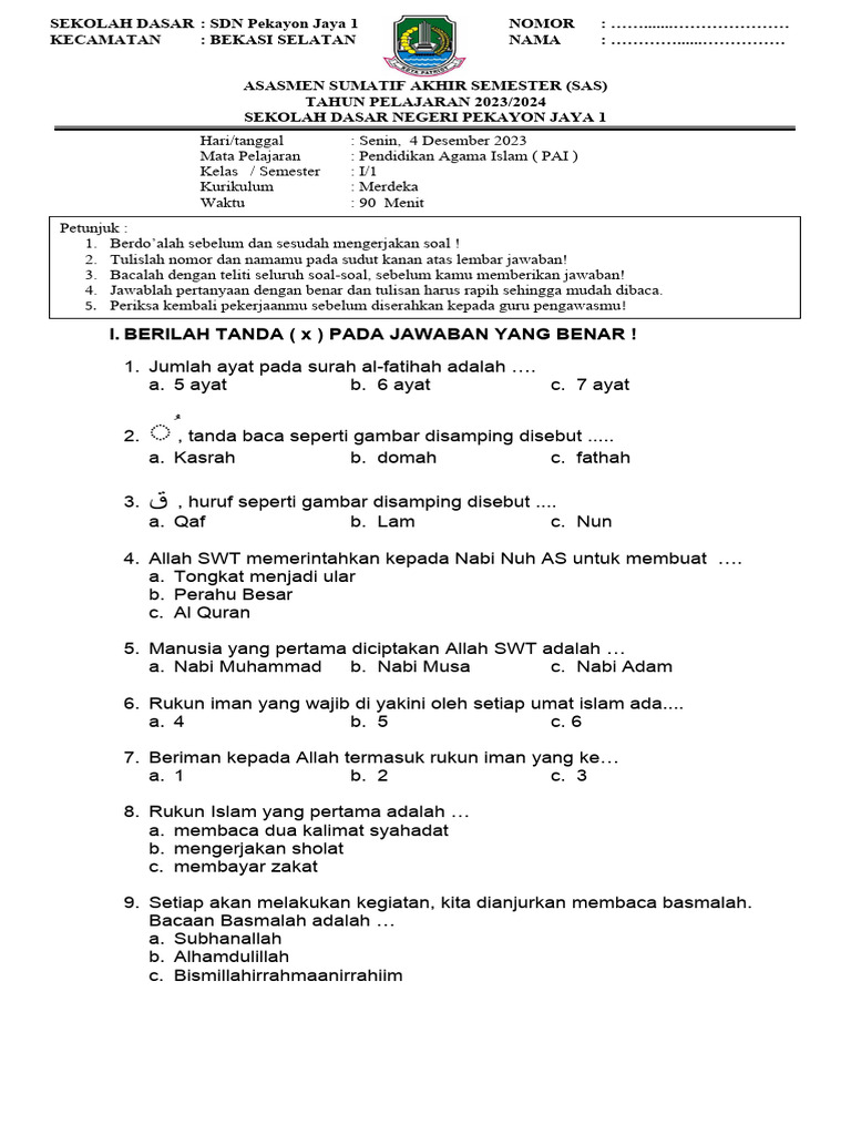 Contoh Soal SAS KELAS 1 | PDF