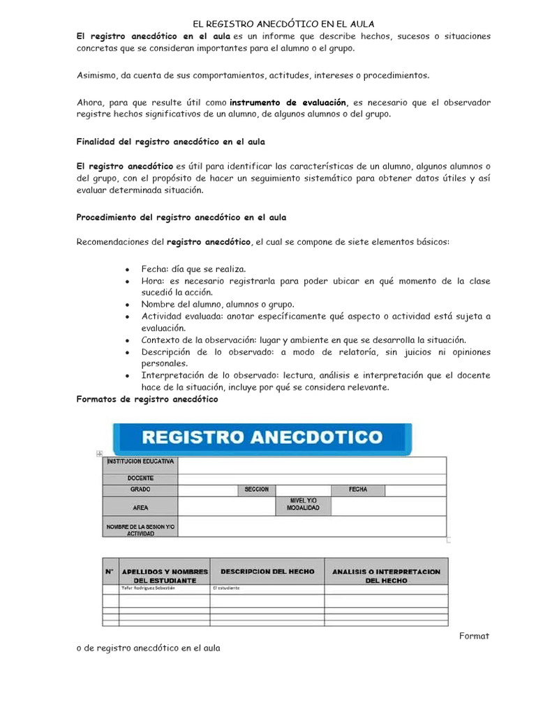 Registro Anecdótico en el Aula | PDF | Evaluación | Salón de clases