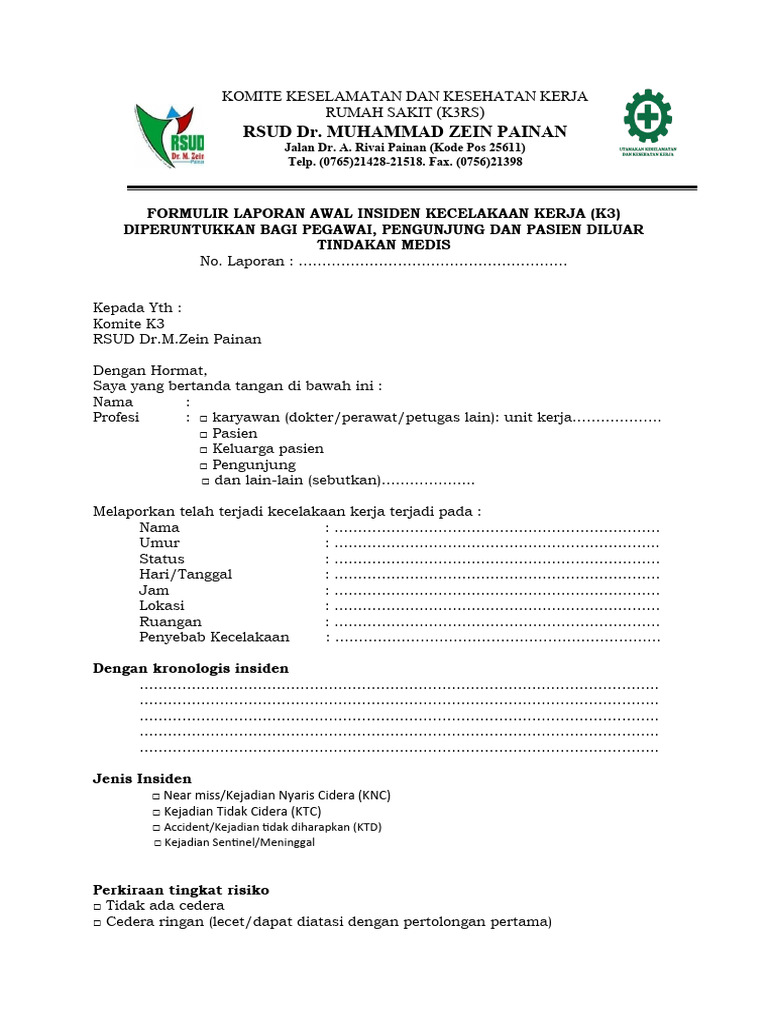 Formulir Laporan Awal Insiden Kecelakaan Kerja (K3) | PDF Formulir Laporan Awal Insiden Kecelakaan Kerja (K3) | PDF