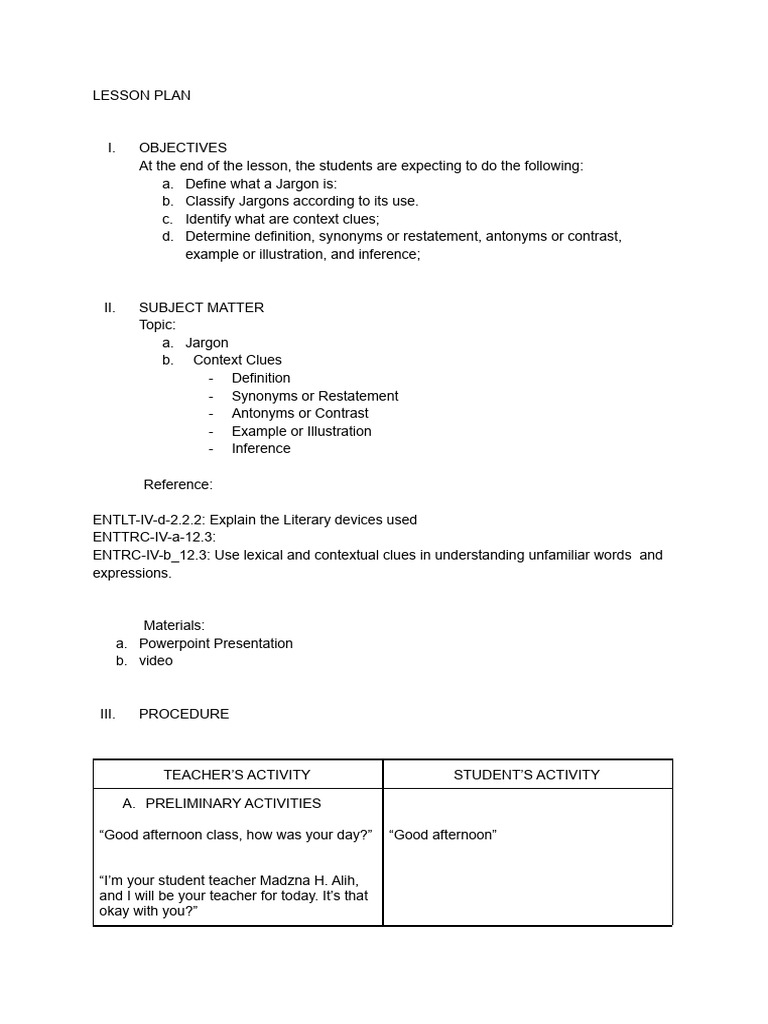 LESSON PLAN (G7 English) | PDF | Jargon