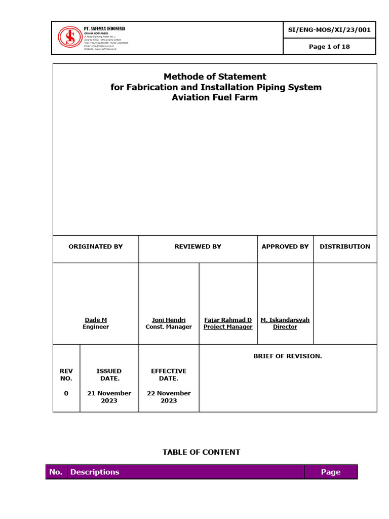 MoS of Fabrication and Installation Pipe Rev 0 | PDF | Pipe (Fluid ...