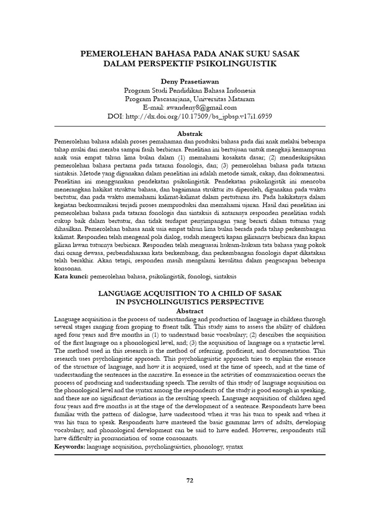 Pemerolehan Bahasa Pada Anak Suku Sasak | PDF