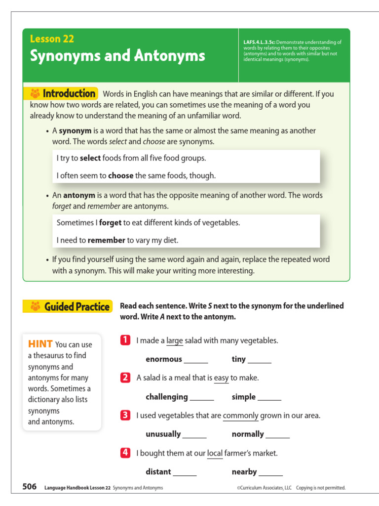 Synonyms and Antonyms Practice Lesson | PDF | Linguistics | Human ...