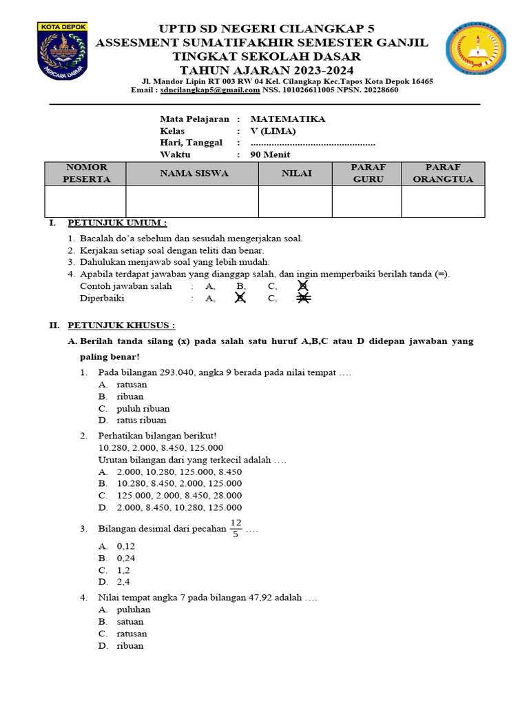 Soal Sas Matematika Kelas 5 | PDF | Metode & Bahan Ajar | Griya & Taman