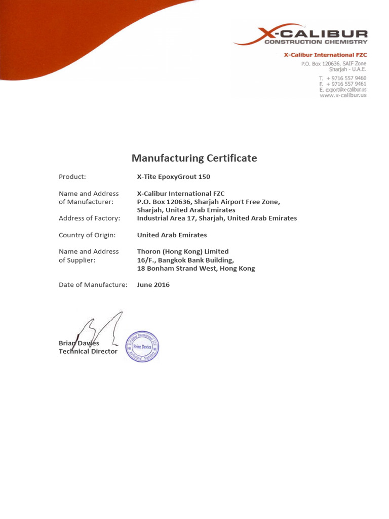 X-Tite EpoxyGrout 150 - Certificate of Manufacture | PDF