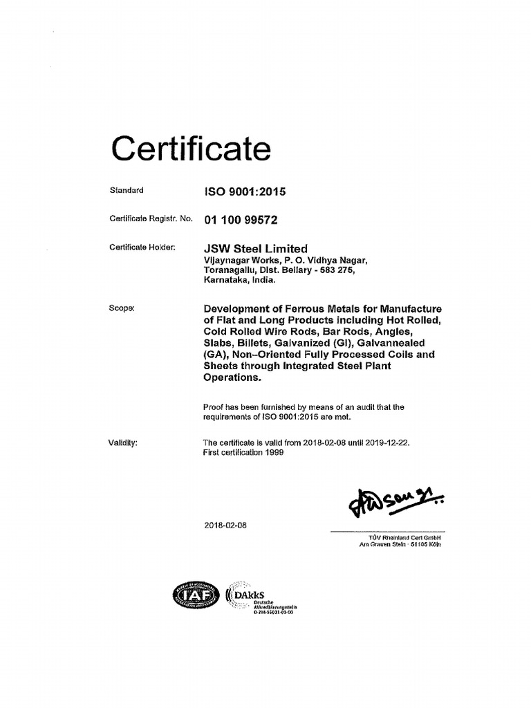 ISO For JSW Steel For Batch 3 - T16 Rebar | PDF