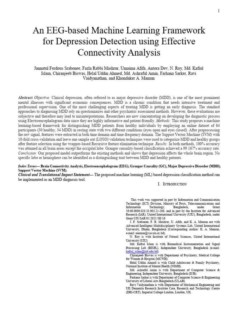 An Eeg Based Machine Learning Framework For Depression Detection Using Effective Connectivity