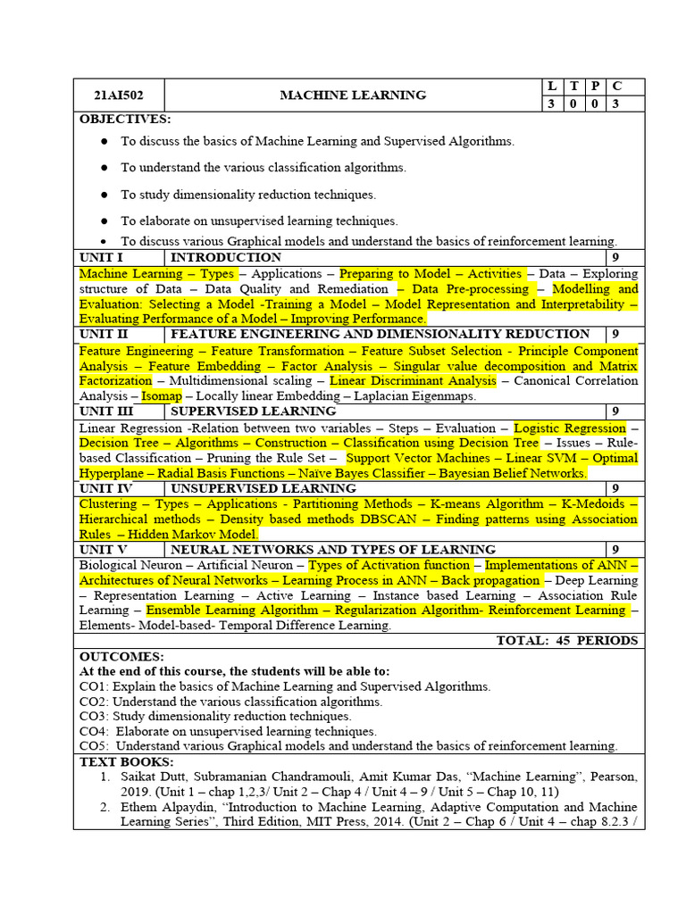 21AI502 Syllbus | PDF | Machine Learning | Statistical Classification