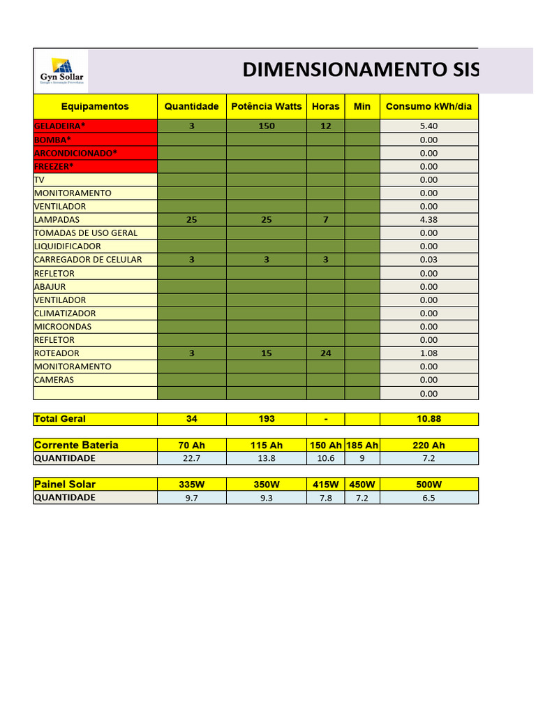 Planilha de Dimensionamento Off Grid Completa | PDF | Natureza | Metrologia