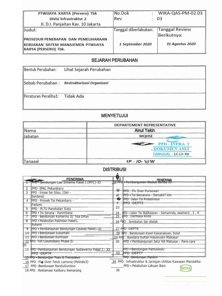 PROSEDUR PENERAPAN DAN PEMELIHARAAN KEBIJAKAN SISTEM MANAJEMEN PT WIJAYA KARYA (PERSERO) Tbk ...