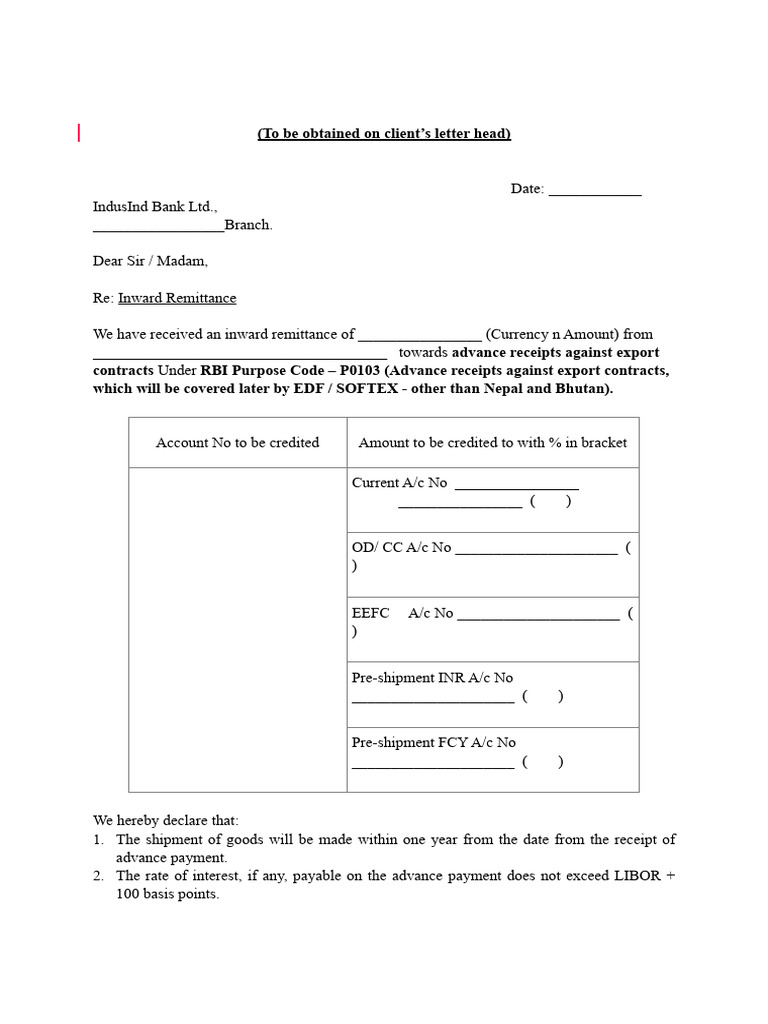 Inward Remittance Declaration Form | PDF | Reserve Bank Of India | Receipt