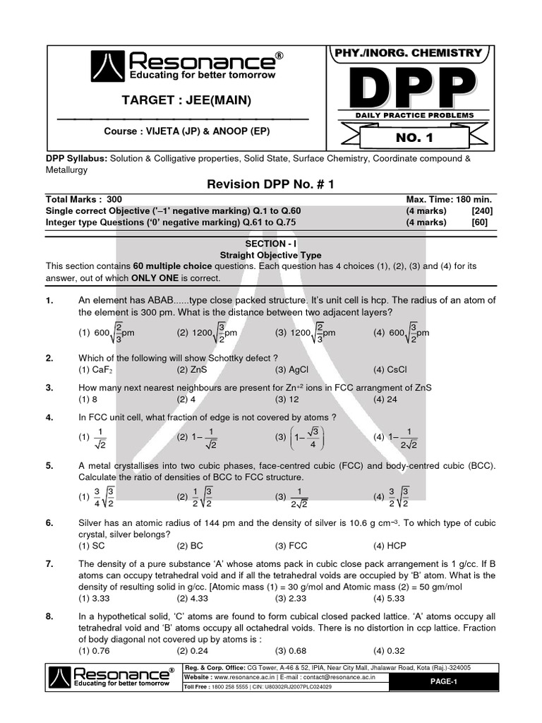 Chemistry Revision DPP 1 | PDF | Crystal Structure | Materials Science