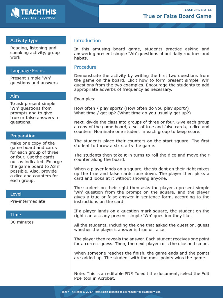 True or False Board Game for ESL | PDF | English As A Second Or Foreign ...