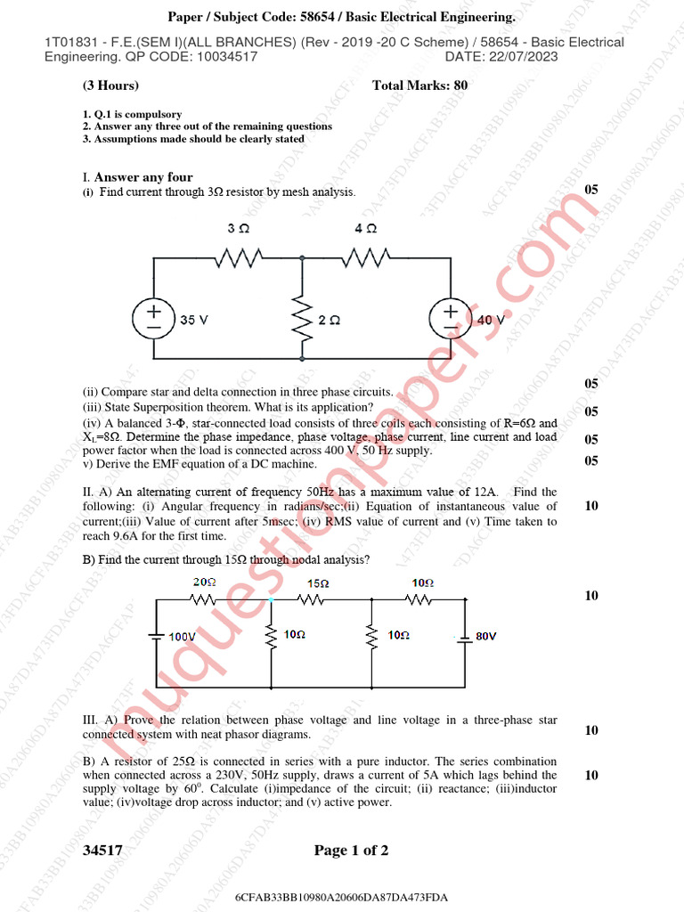 Be - First Year Engineering - Semester 1 - 2023 - May - Basic Electrical Engineering Beerev ...