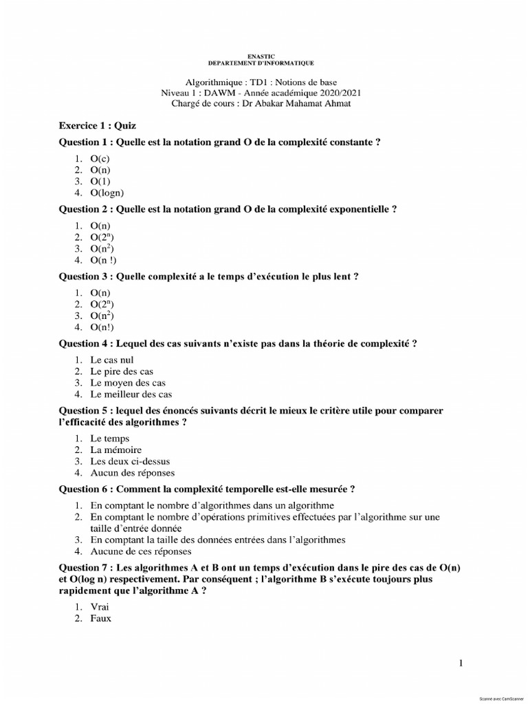 TD 1 Complexité Algorithmique | PDF