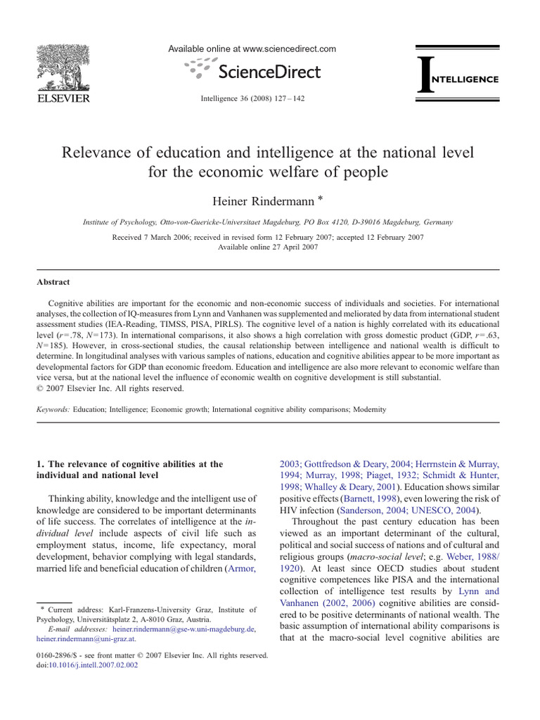 Rindermann 2008 | Download Free PDF | Intelligence Quotient | Intelligence