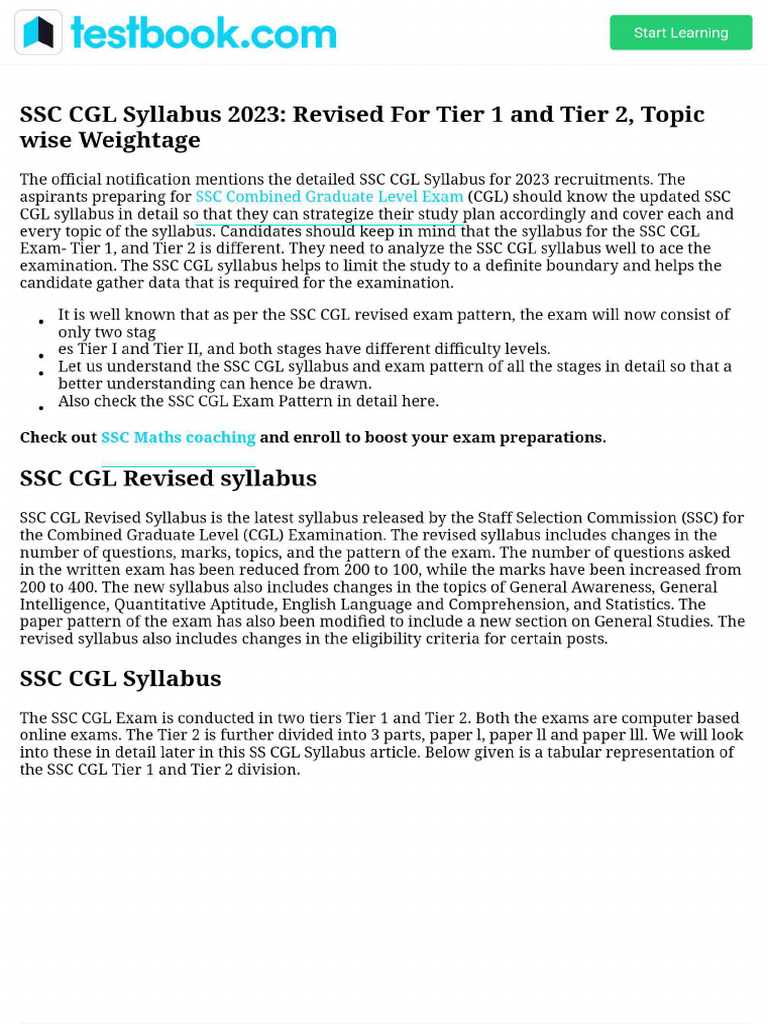 SSC CGL Syllabus 2023 - Revised For Tier 1 and Tier 2, Topic Wise Weightage | PDF
