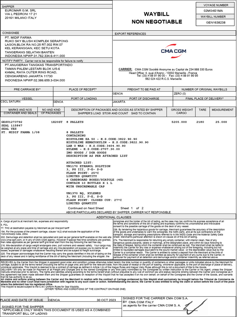 WBL Gen1638238 | PDF | Bill Of Lading | Cargo