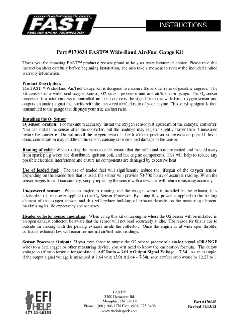 Part #170634 FAST™ Wide-Band Air/Fuel Gauge Kit: Instructions | PDF ...