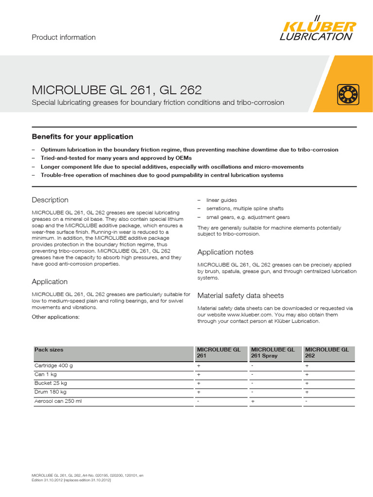 MICROLUBE GL 261 GL 262 EN en | PDF | Lubricant | Friction