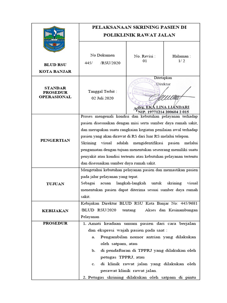 Skrining Pasien Poliklinik RSU Banjar | PDF