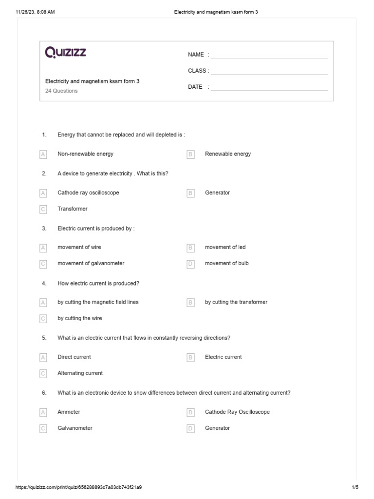 Form 3 Electricity & Magnetism Quiz | PDF | Transformer | Alternating ...