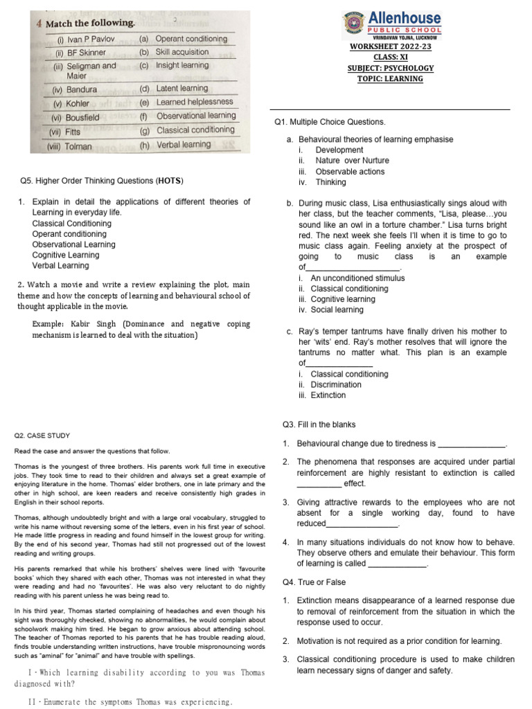 Learning Worksheet | PDF | Learning | Classical Conditioning
