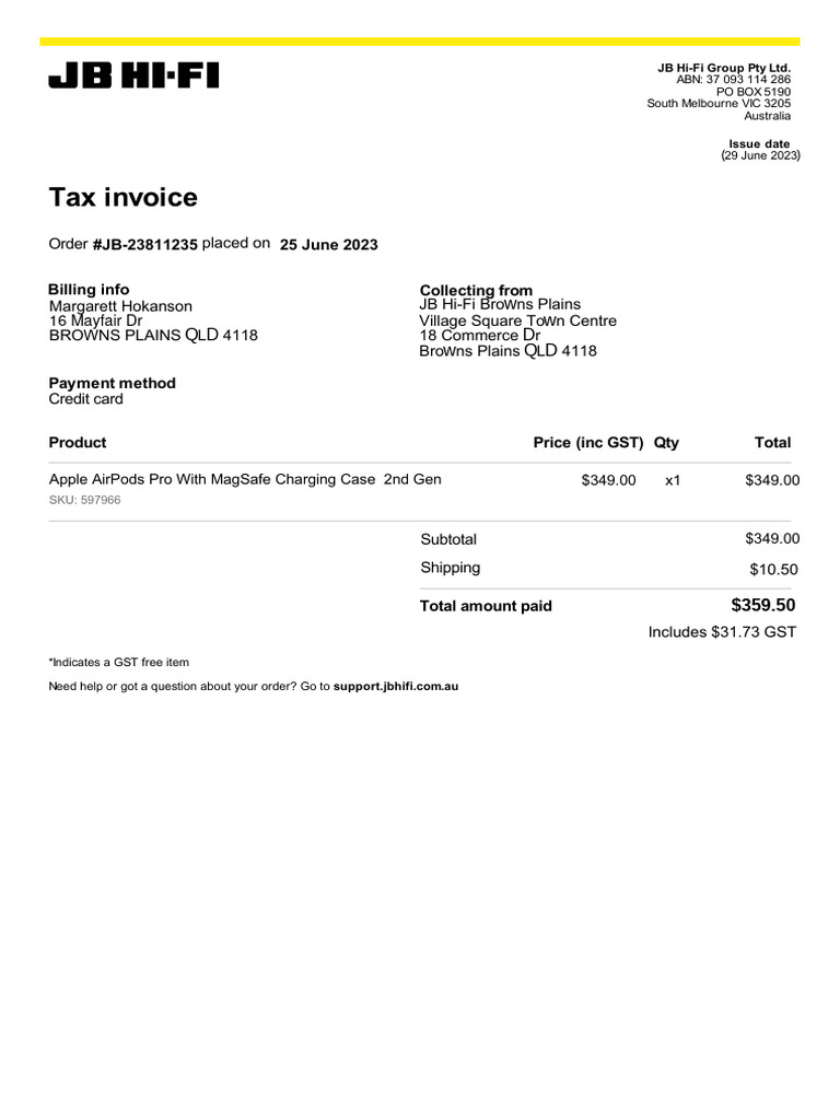JB Hi-Fi AirPods Pro 2 Invoice | PDF