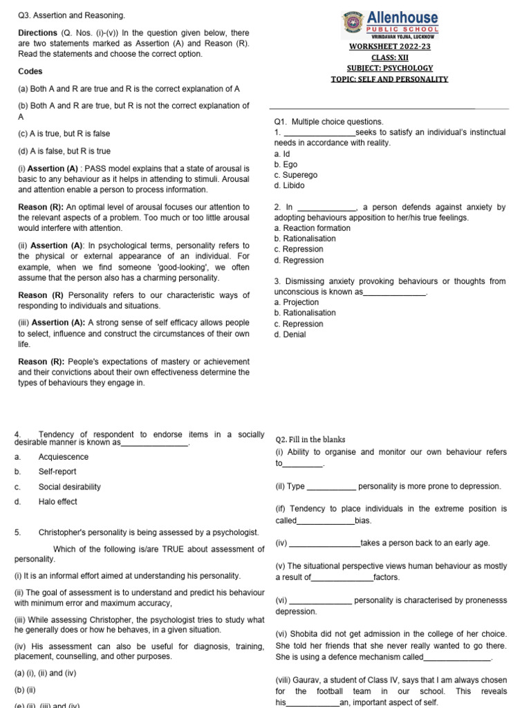 Grade 12 Chapter 2 Worksheet | PDF | Id | Psychological Theories