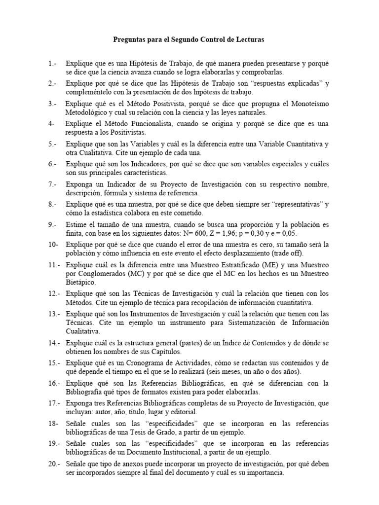 Preguntas para El Segundo Control de Lecturas (II - 2023) | PDF | Citación | Muestreo (Estadísticas)
