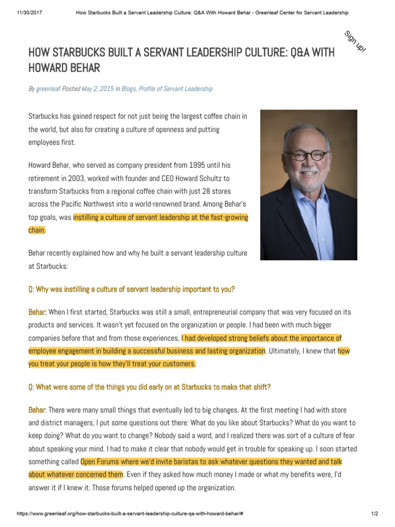 How Starbucks Built A Servant Leadership Culture - Q - A With Howard ...