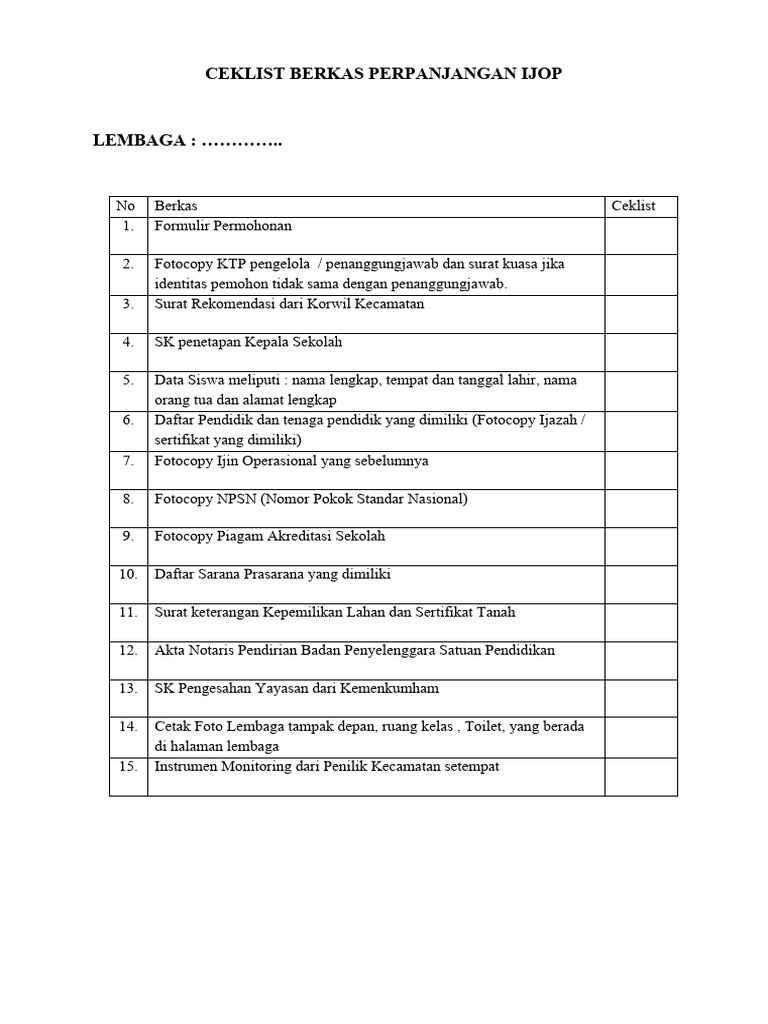 Ceklist Berkas Perpanjangan IJOP | PDF