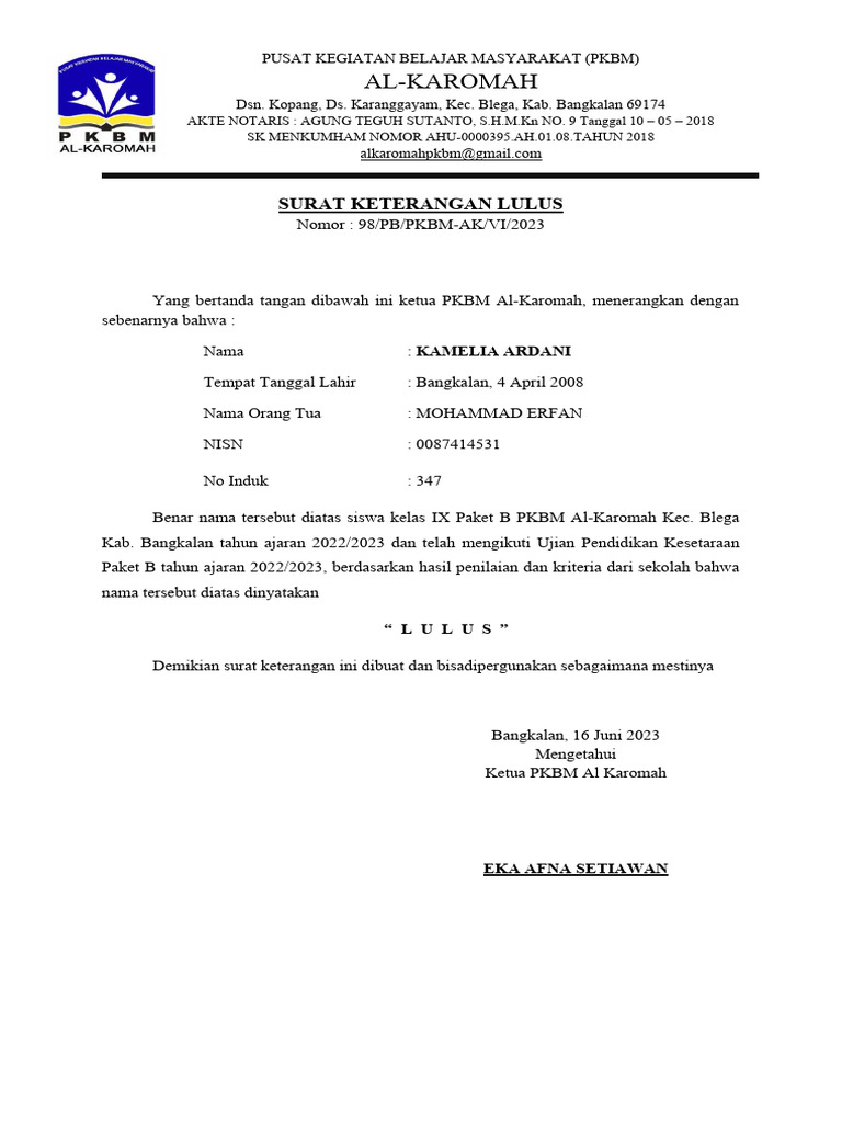 Surat Keterangan Lulus PKBM Al Karomah Kamelia Ardani | PDF