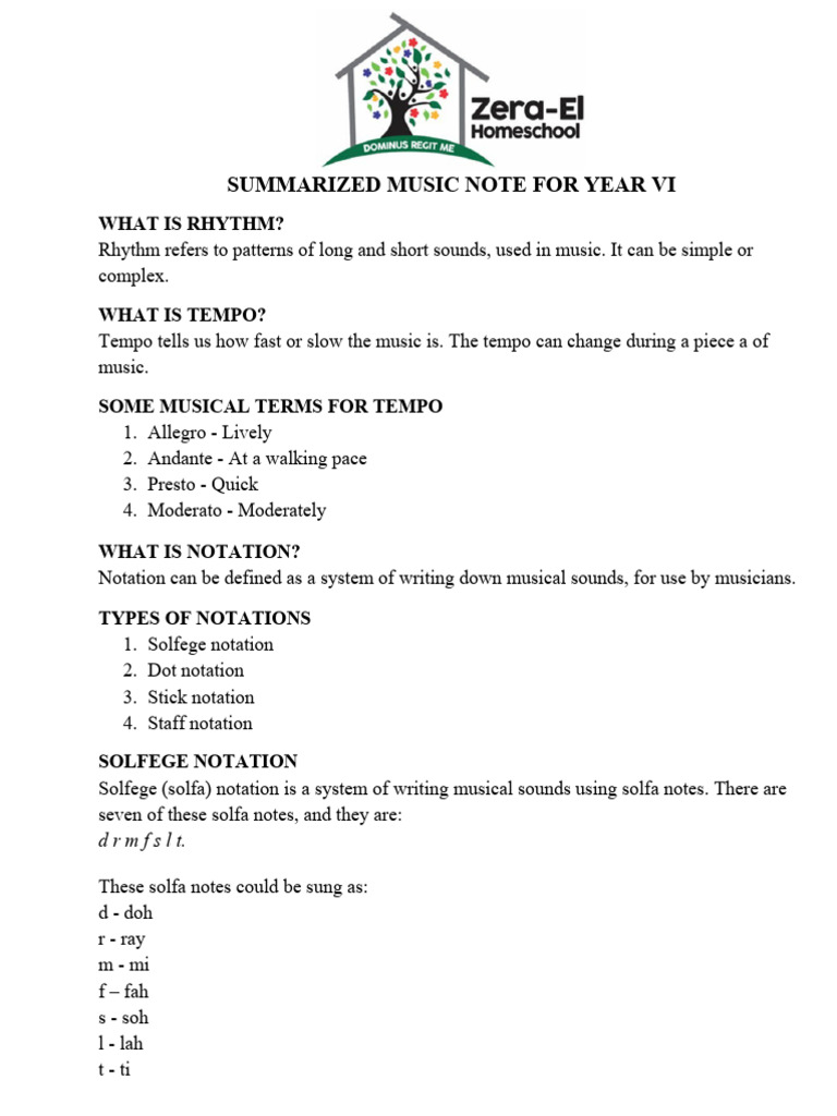 Year Vi Music Lesson Note | PDF | Scale (Music) | Musical Notation