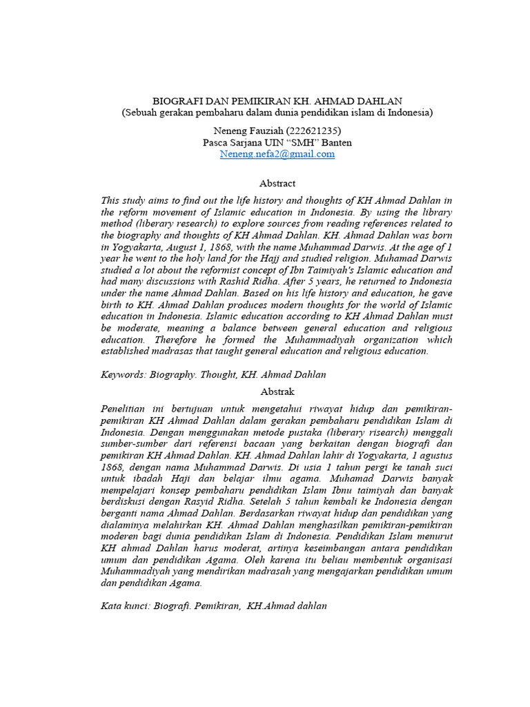 BIOGRAFI DAN PEMIKIRAN KH. AHMAD DAHLAN (Sebuah Gerakan Pembaharu Dalam Dunia Pendidikan Islam ...