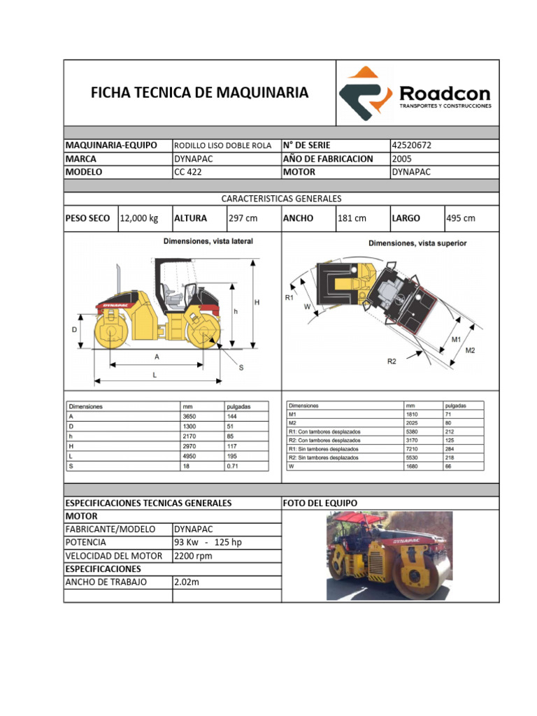 Ficha Tecnica Dynapac CC422 | PDF
