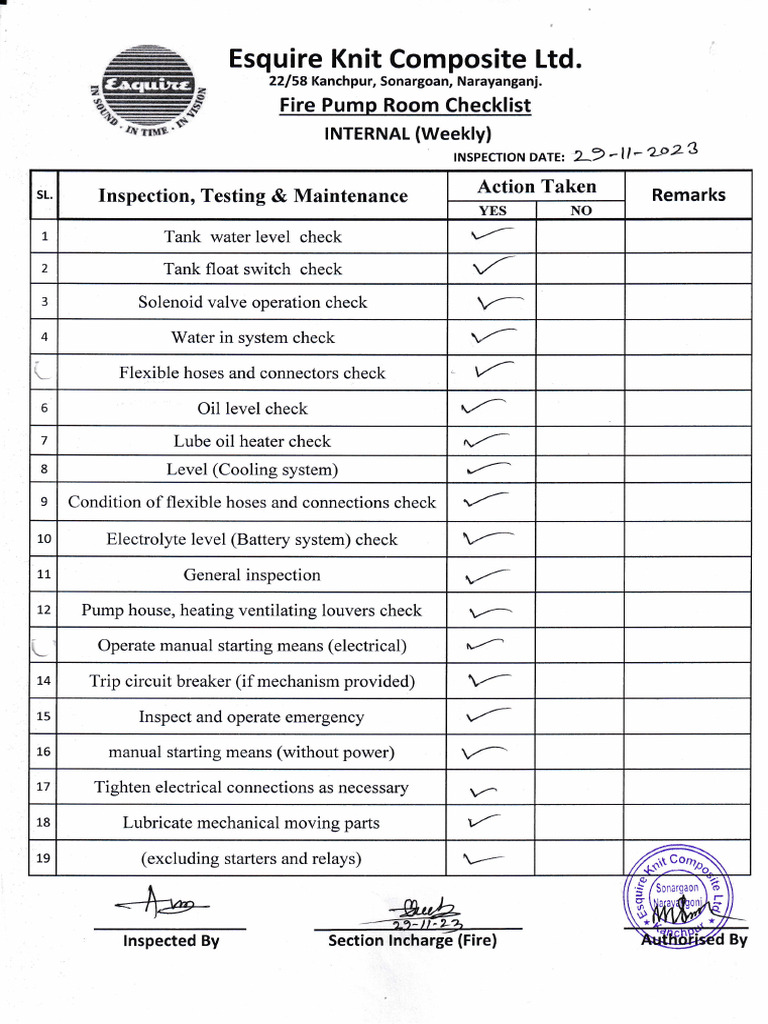 Fire Pump Room Weekly Checklist | PDF