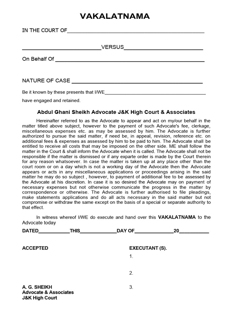 Vakalatnama Format for Legal Representation | PDF