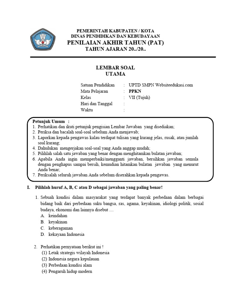 Soal PAT Kelas VII - PPKN (New) | PDF
